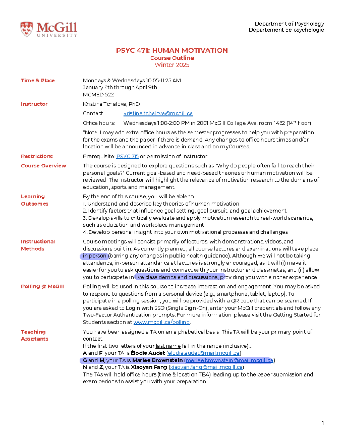 PSYC 471: Human Motivation Course Outline Winter 2025 - Studocu