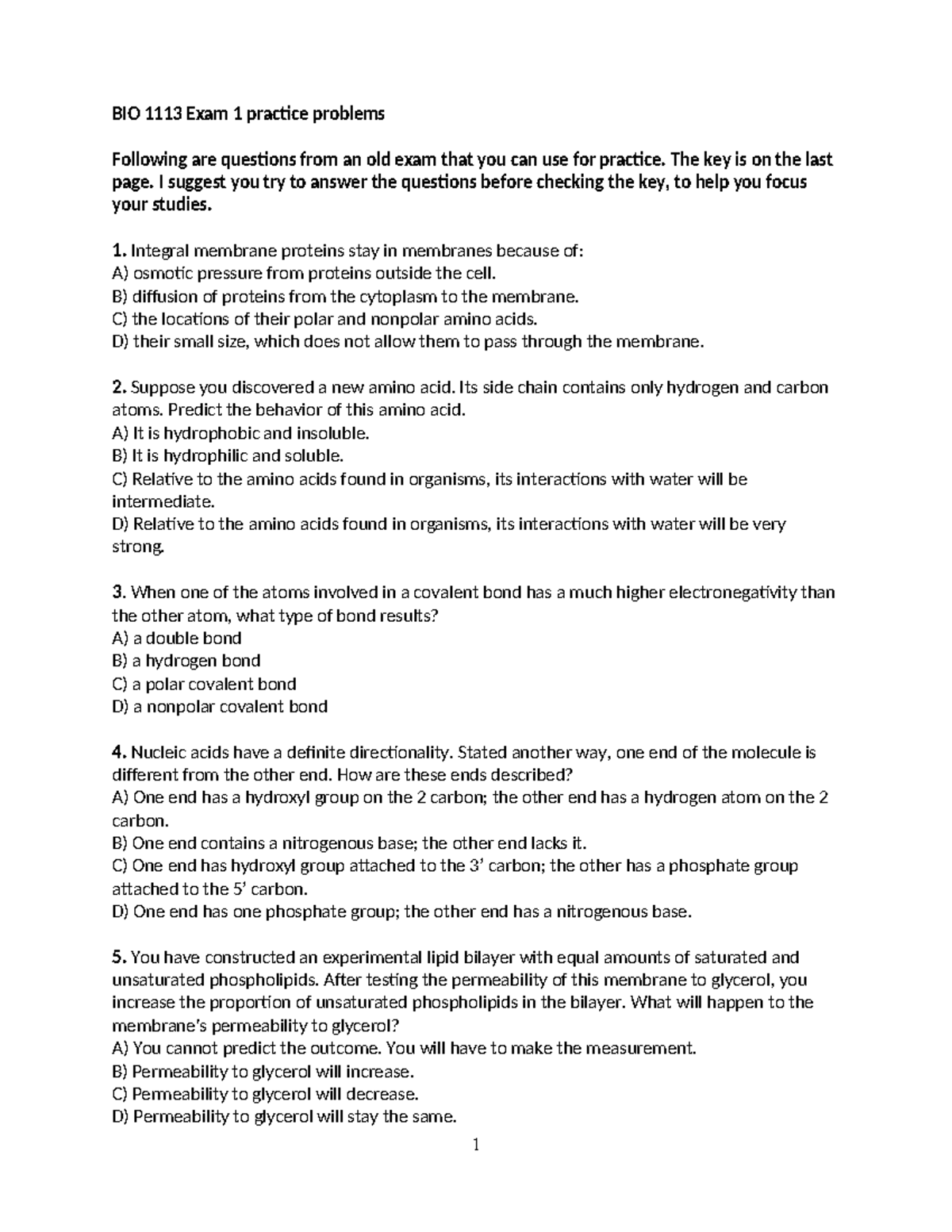 BIO 1113 Exam 1 Practice Questions with Answer Key - Studocu