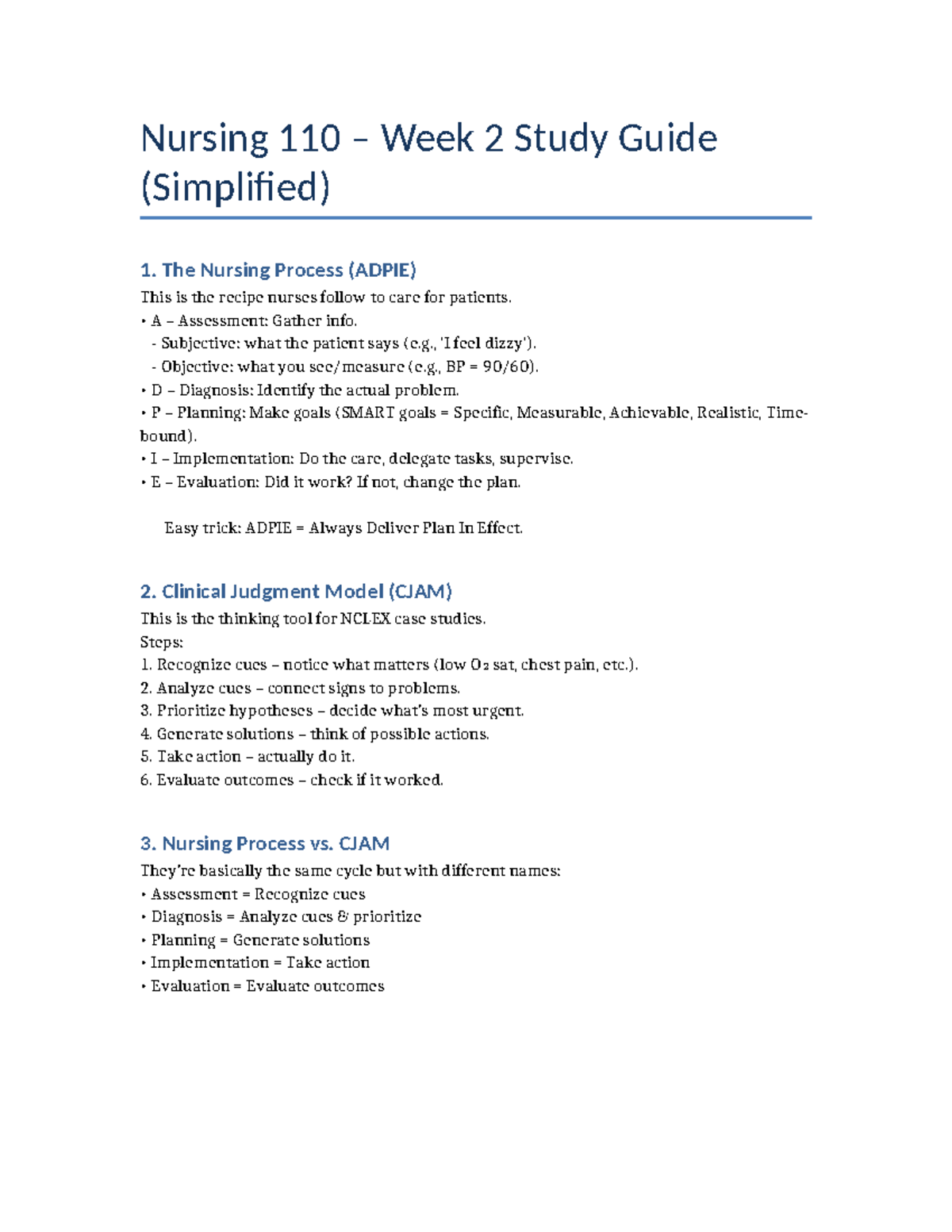 Nursing 110 Week 2 Simplified Study Guide: ADPIE & CJAM Overview - Studocu
