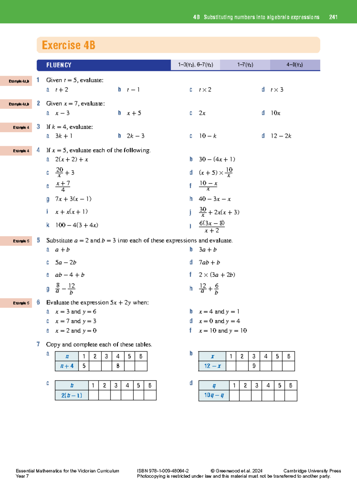 4B - Substituting Numbers in Algebraic Expressions: Exercises ...