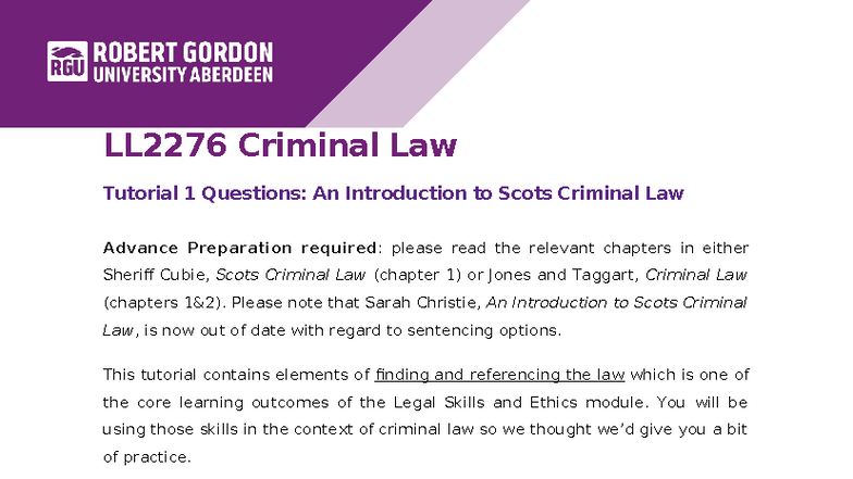 LL2276: Criminal Law Tutorial 1 - Key Questions & Concepts - Studocu