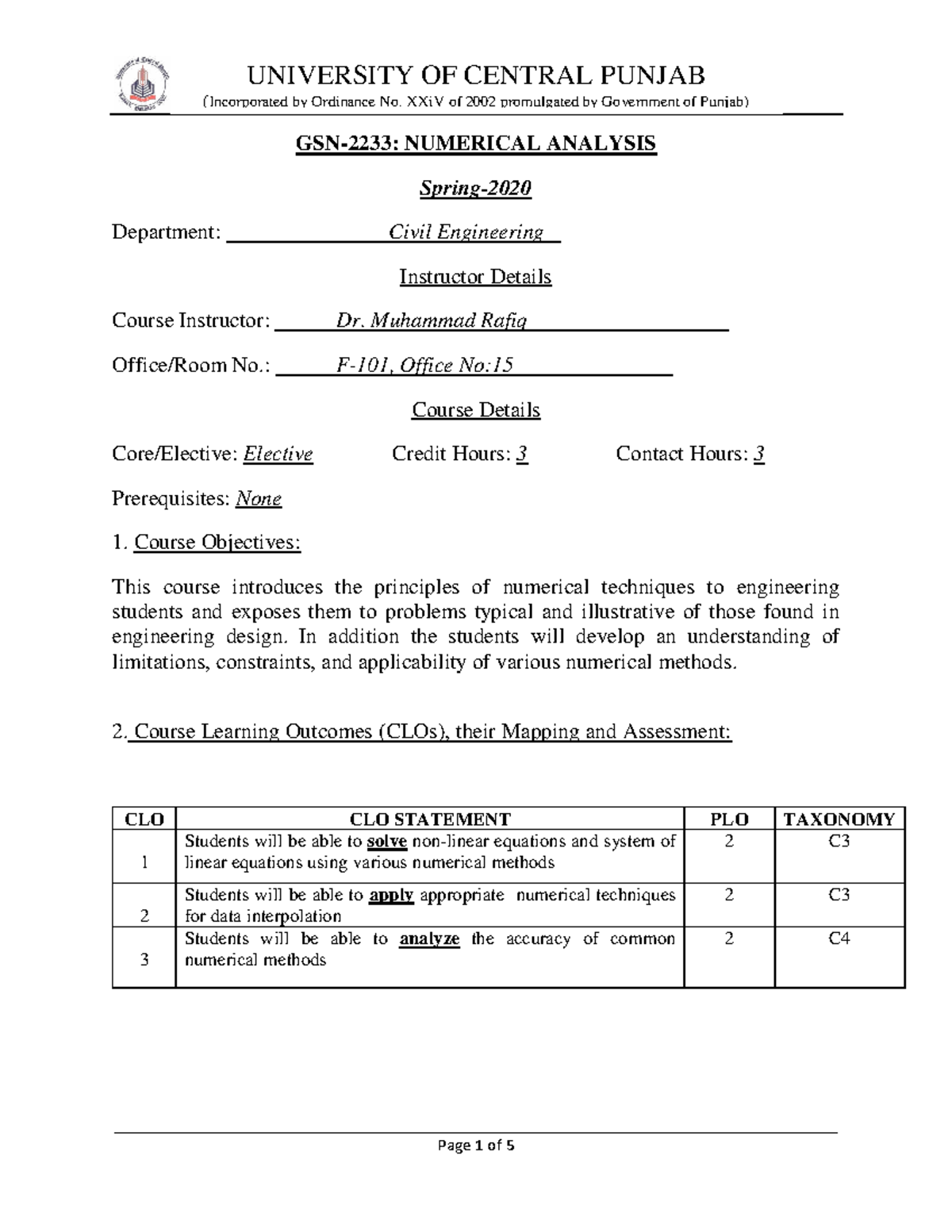 Numerical Analysis Course Plan - CE 101: Elective Overview & Topics - Studocu
