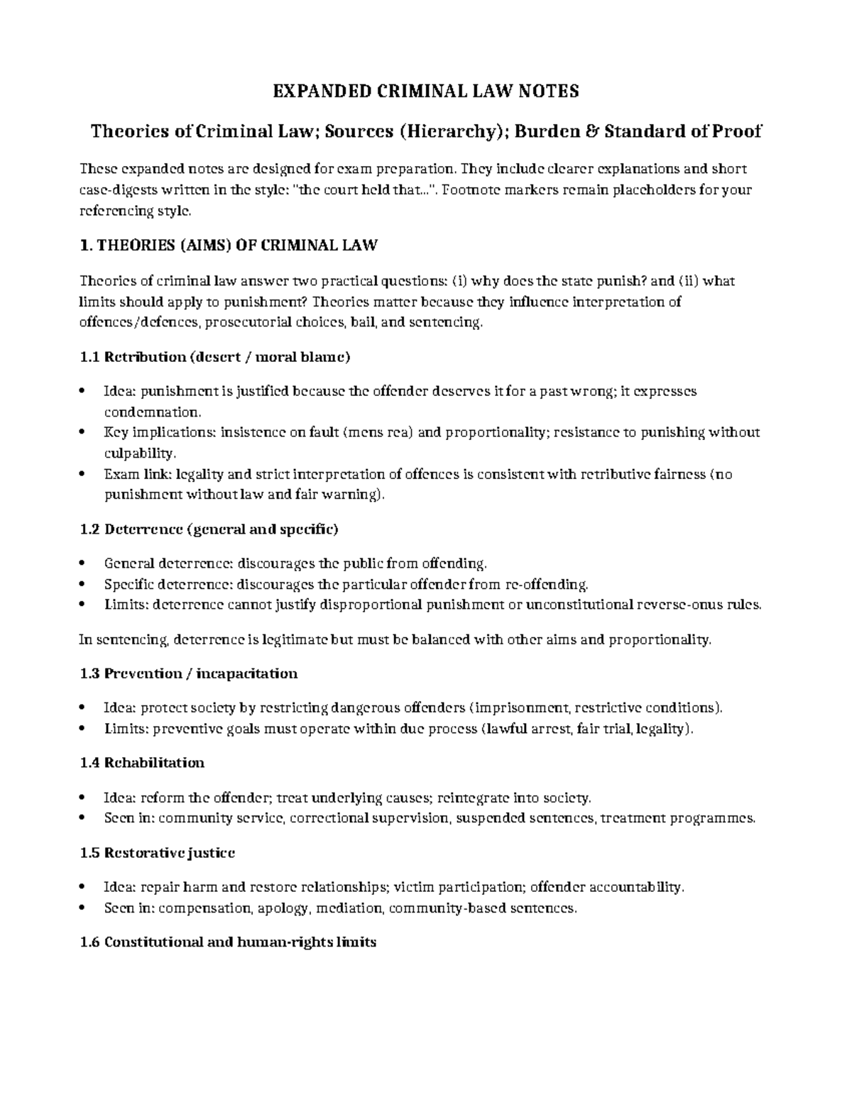 Expanded Criminal Law Notes (CL101): Theories, Sources & Burden of ...