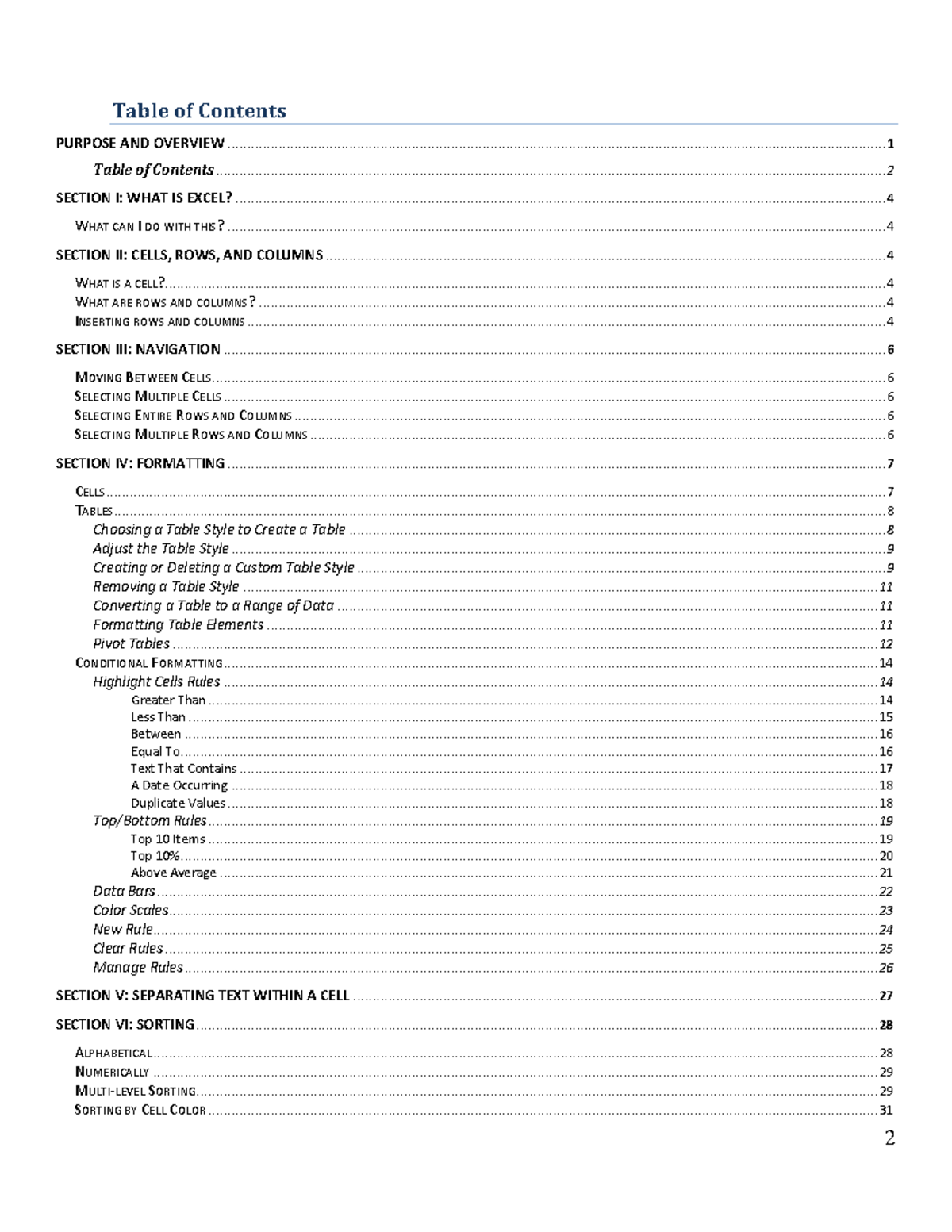 Excel Manual - Table of Contents PURPOSE AND OVERVIEW - Table of ...