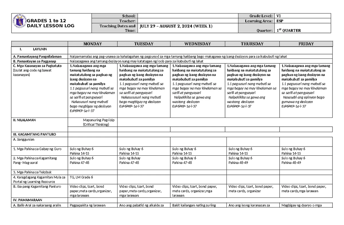 Daily Lesson Log: Filipino 6 (DLL) for Week 2, 1st Quarter - Studocu