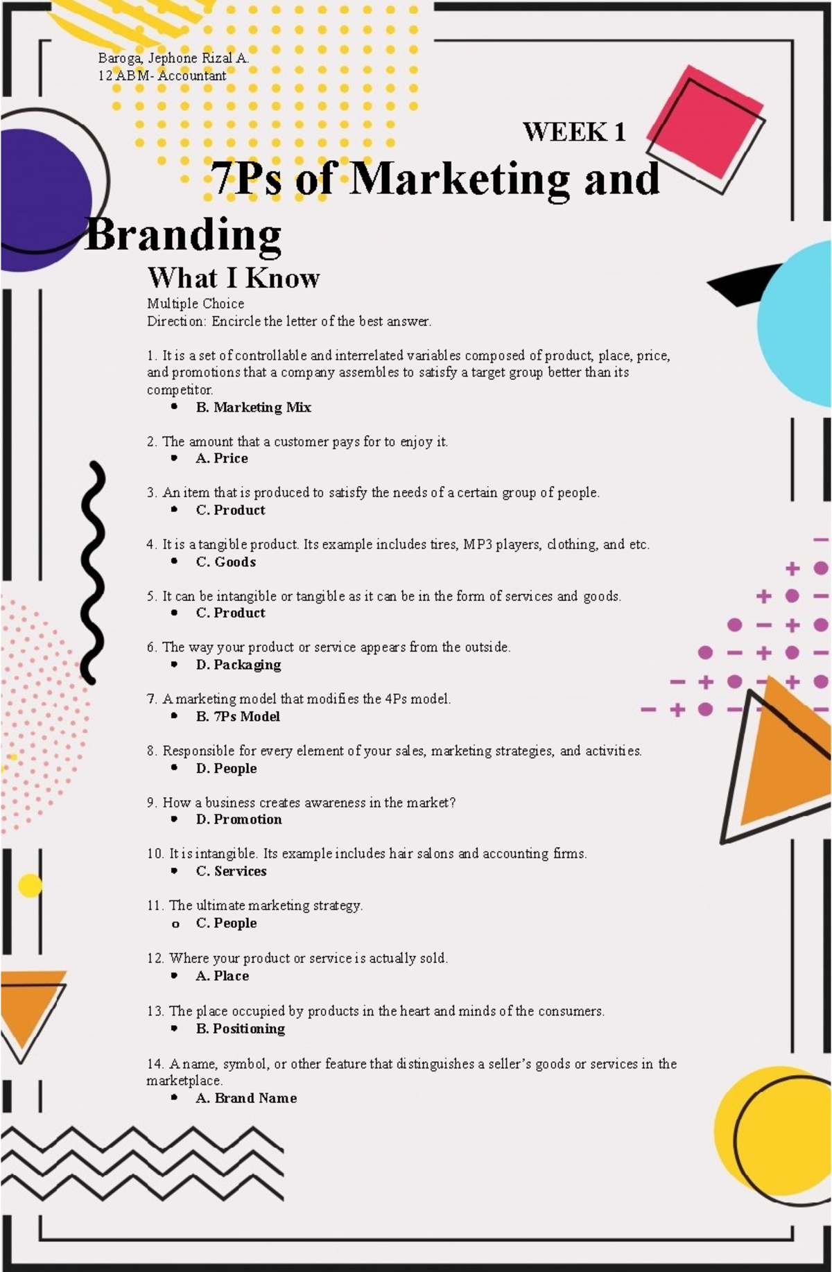 Entrepreneurship activity - 12 ABM- Accountant WEEK 1 7Ps of Marketing ...