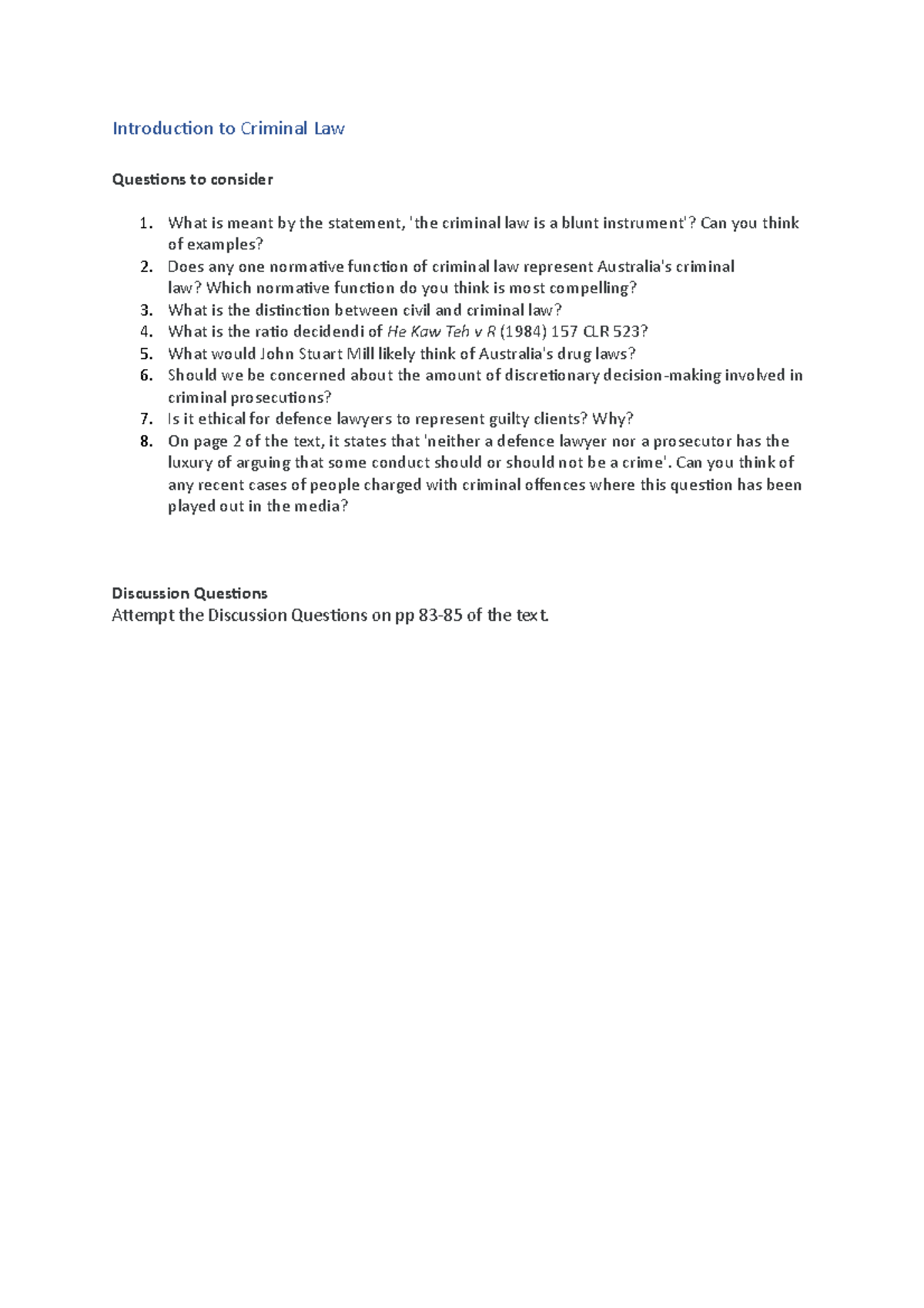LAW161 Tutorial QUestions - Introduction to Criminal Law Questions to ...