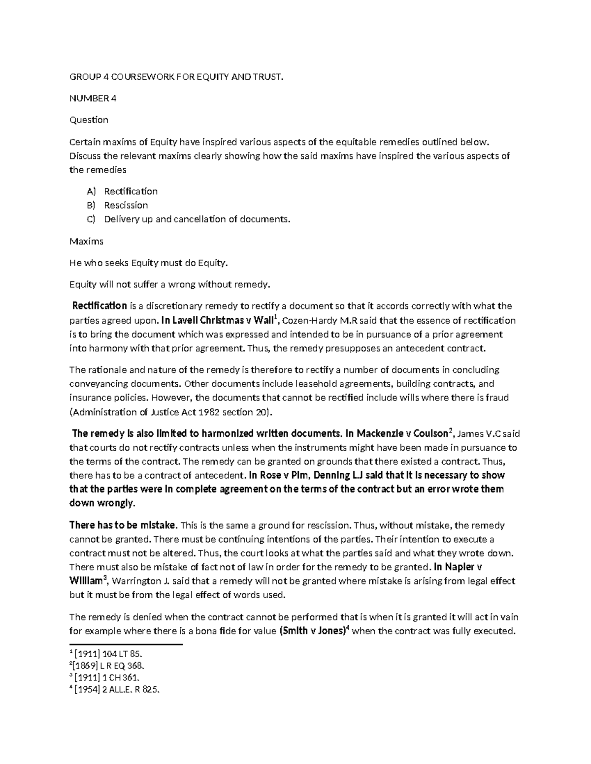 GROUP 4 EQUITY AND TRUST COURSEWORK: MAXIMS & REMEDIES ANALYSIS - Studocu