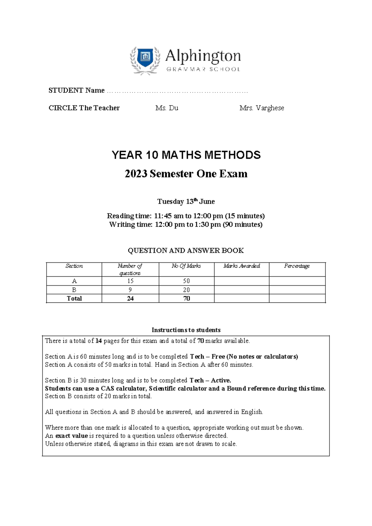 2023 Year 10 Maths Methods Semester 1 Exam Paper - Studocu