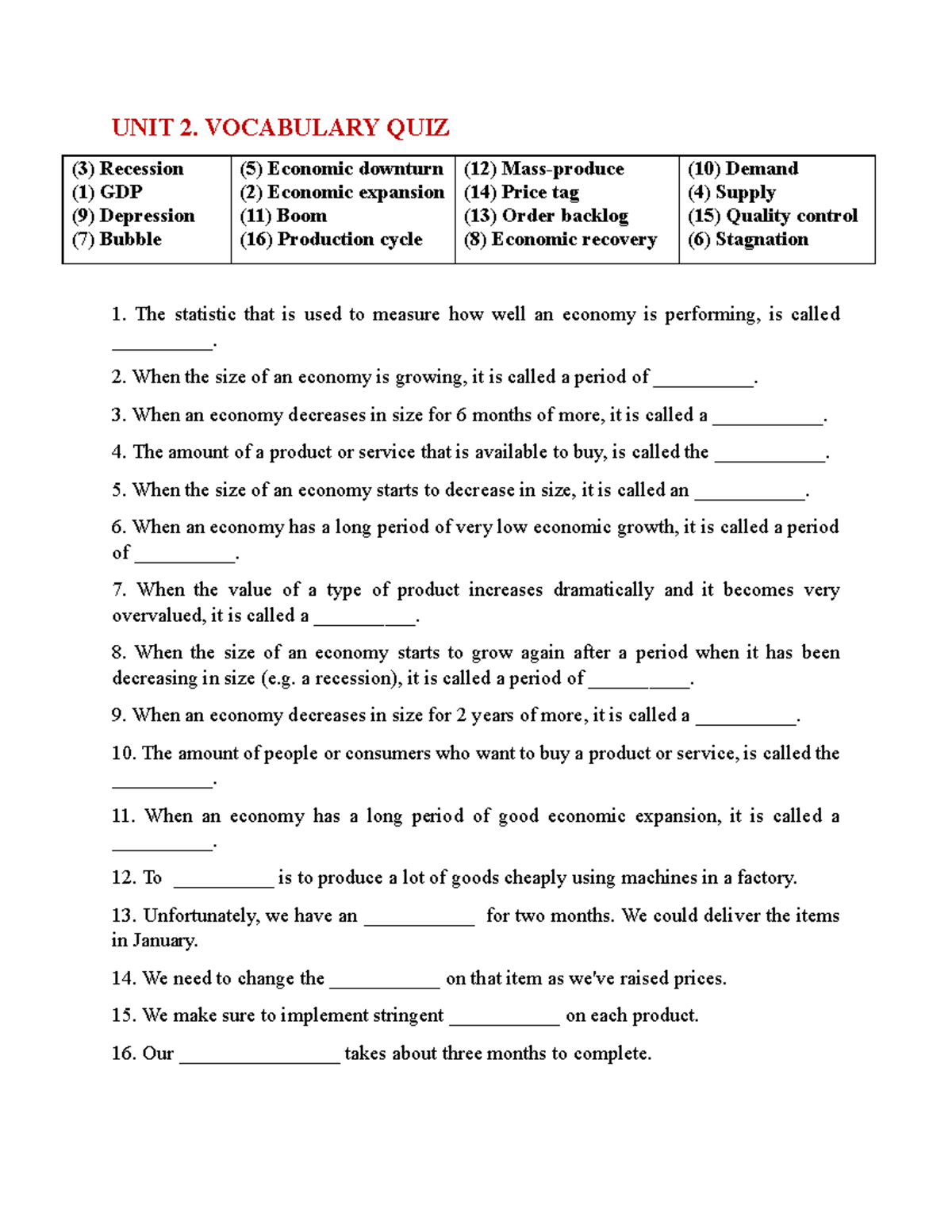UNIT 2. Lesson 2. KEY - Economic Vocabulary Quiz and Practices - Studocu