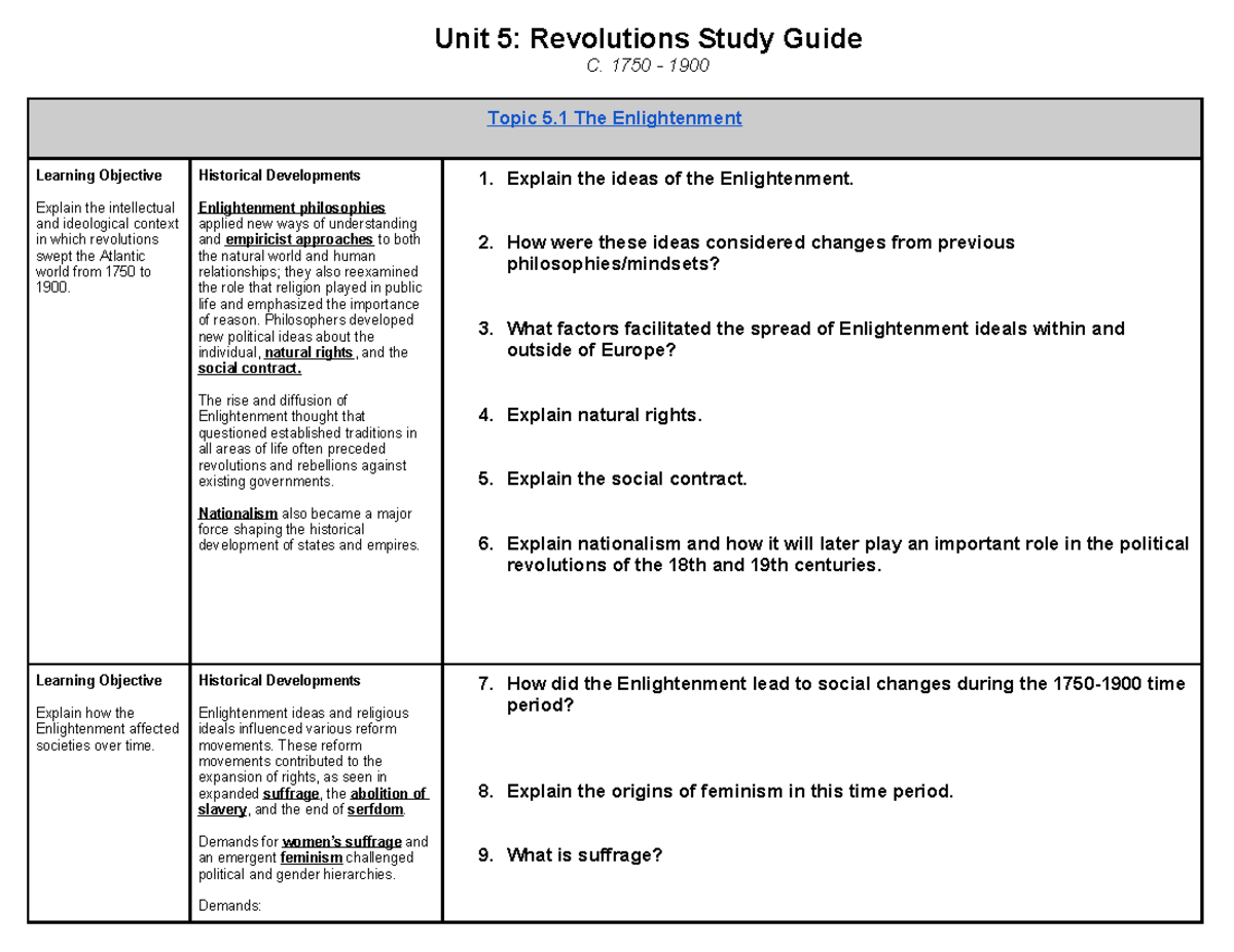 Unit five study guide - Unit 5: Revolutions Study Guide C. 1750 - 1900 ...