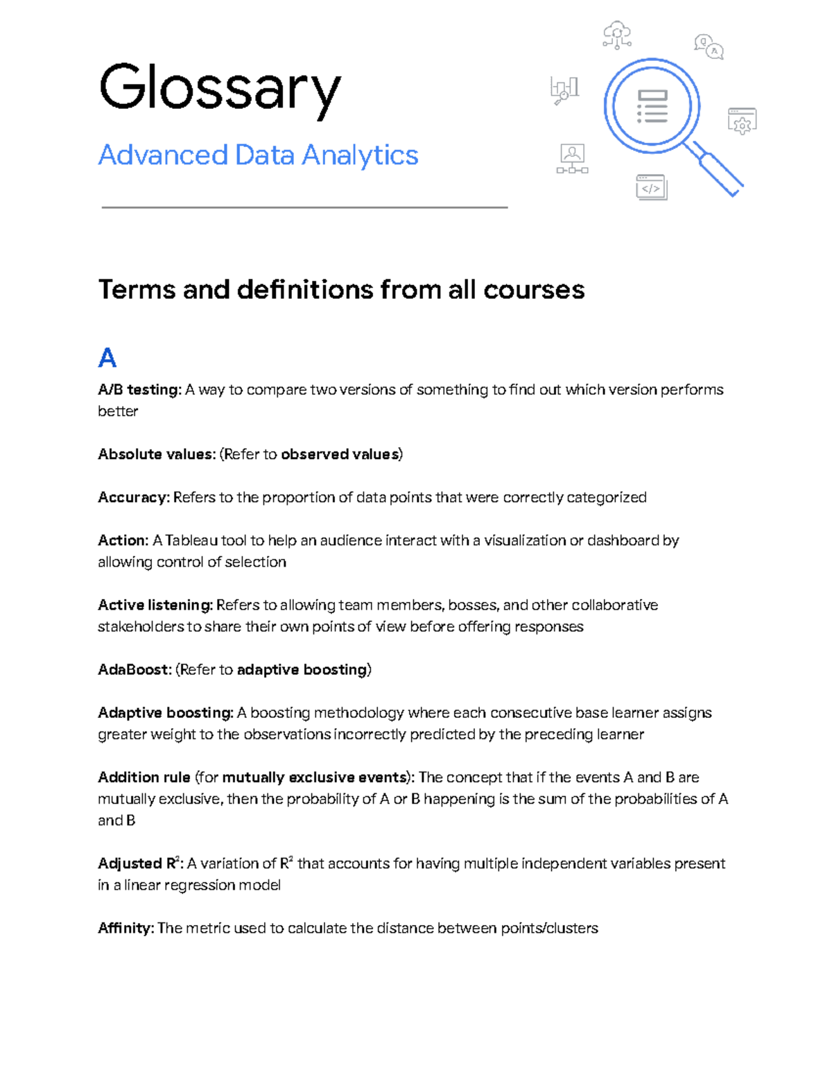 Advanced Data Analytics Certificate: Key Terms & Definitions Glossary ...