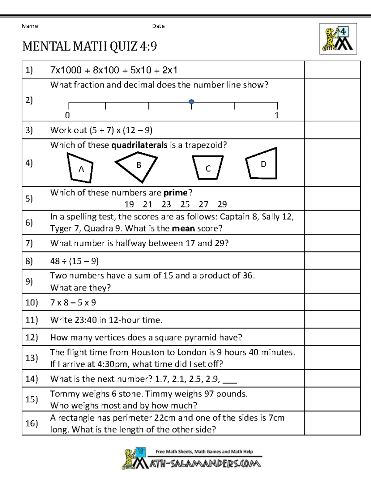 Mental Math Quiz 4 (Grade 4) - Answers and Solutions - Studocu