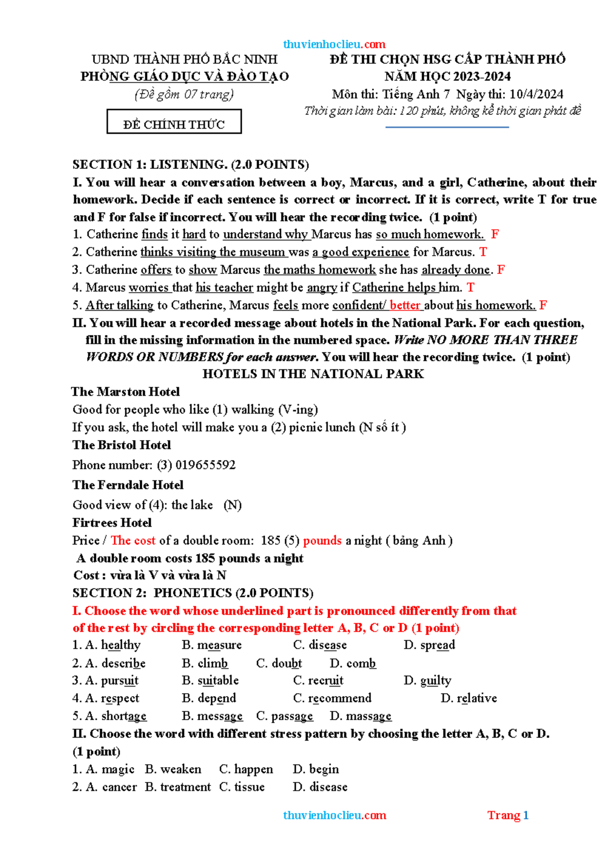 Đề Thi Chọn HSG Cấp Thành Phố - Tiếng Anh 7 (120 Phút) - Studocu