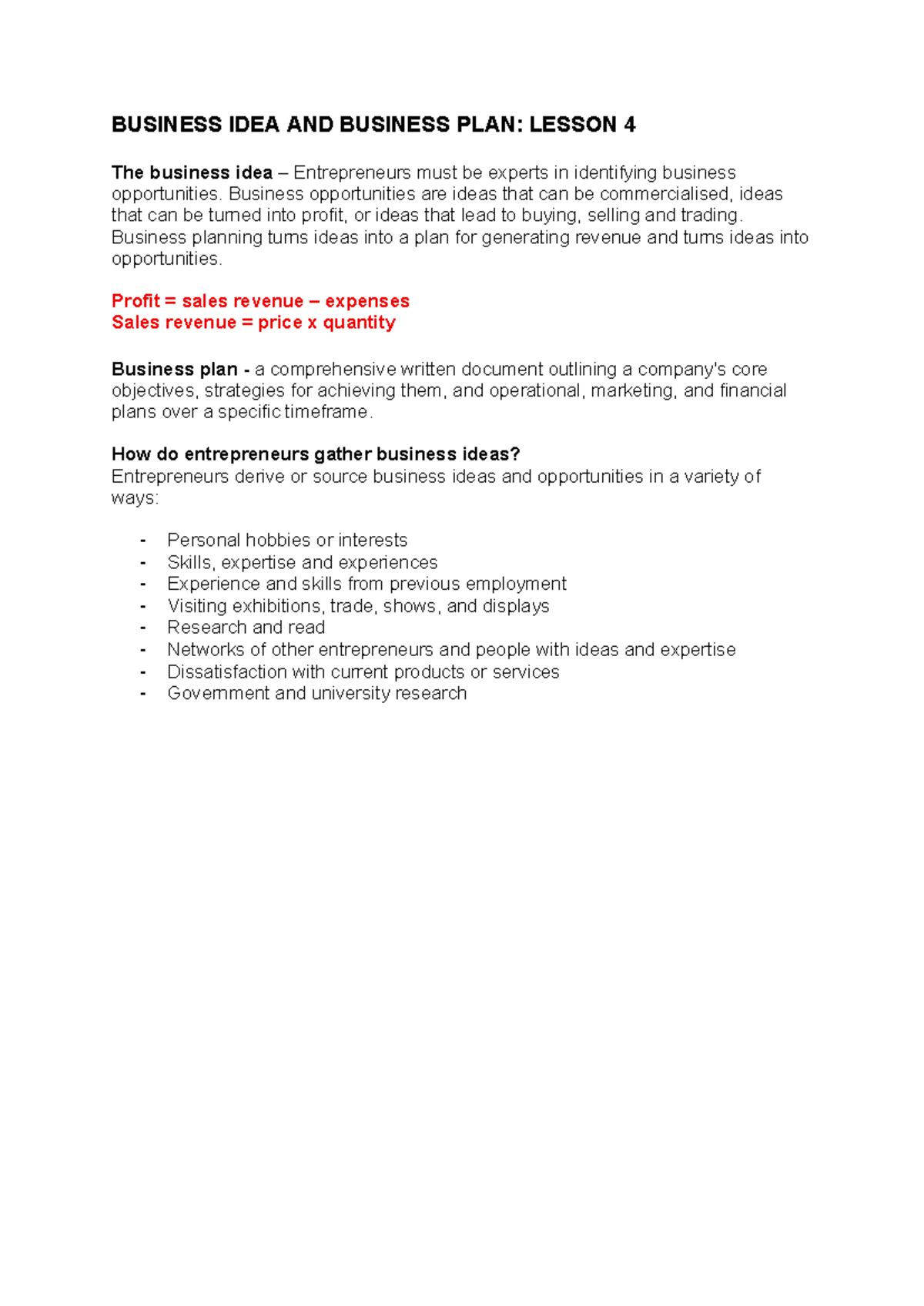 BUSINESS IDEA AND BUSINESS PLAN: LESSON 4 Overview - Studocu
