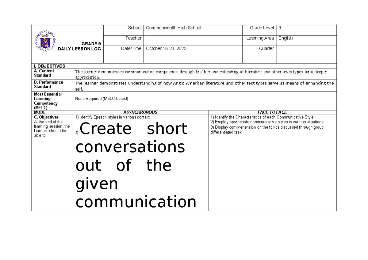 Grade 9 Daily Lesson Log: Understanding Communicative Styles - Studocu