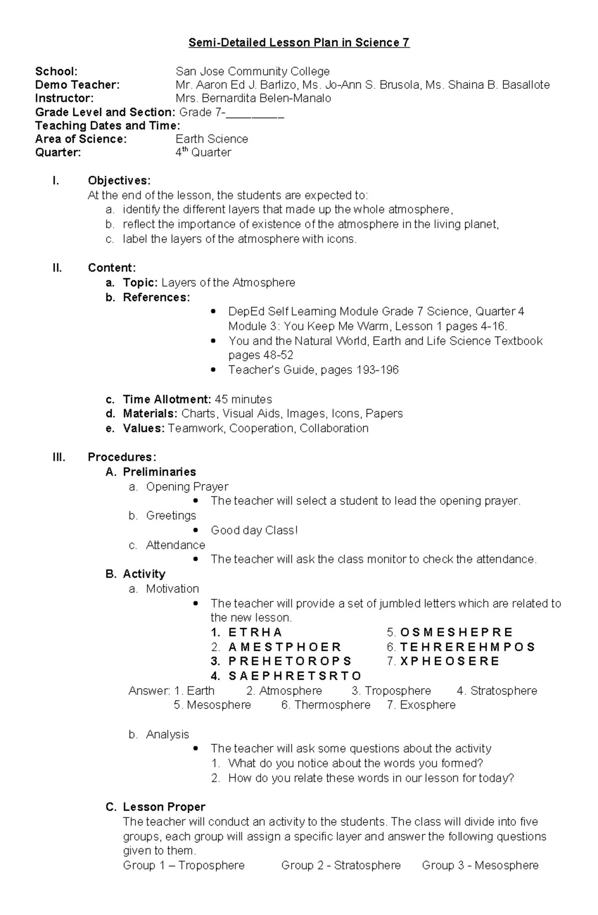 Semi-Detailed Lesson Plan on Layers of the Atmosphere (Sci 7) - Studocu