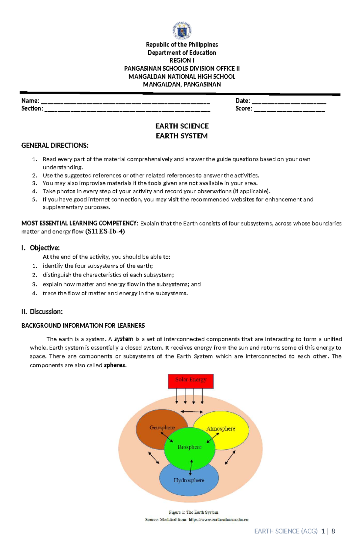Earth Science (ACG) Activity Sheet: Understanding Earth Systems - Studocu