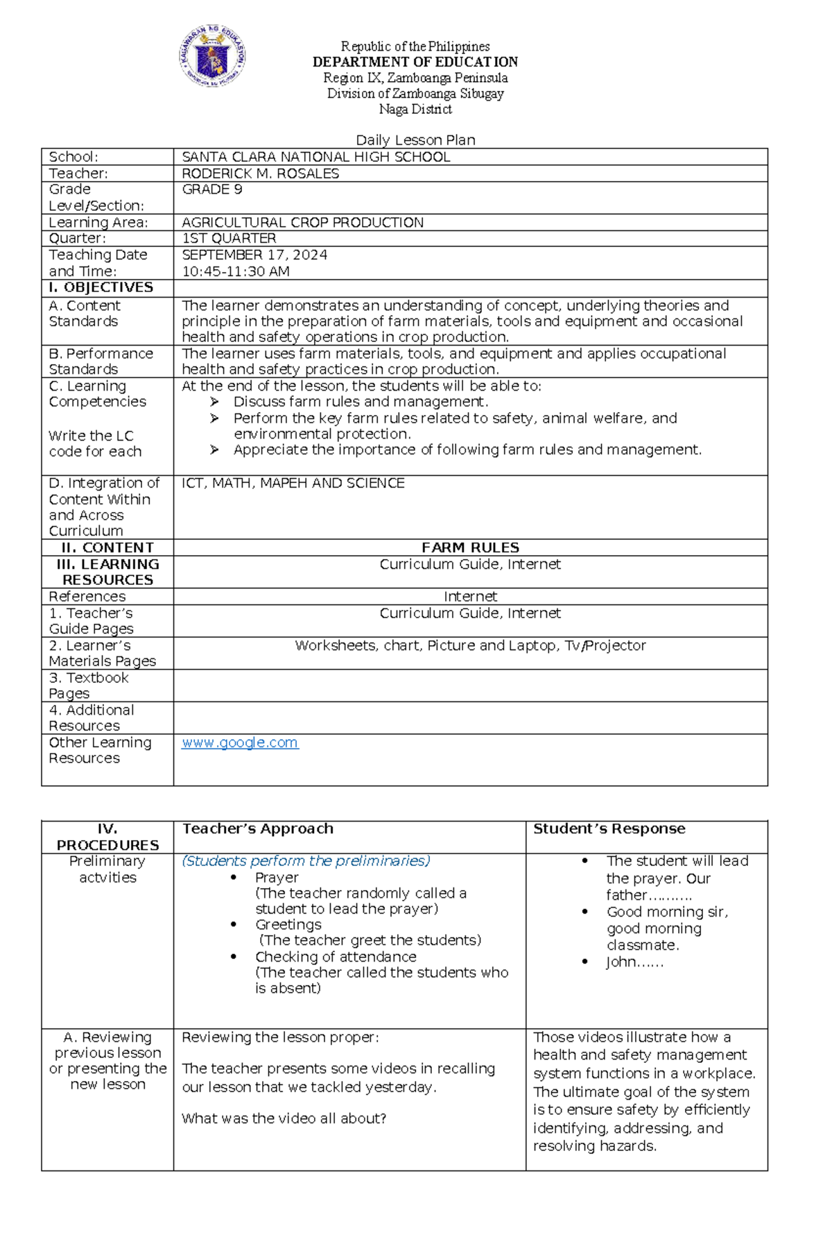 Grade 9 Agricultural Crop Production: Farm Rules Lesson Plan - Studocu