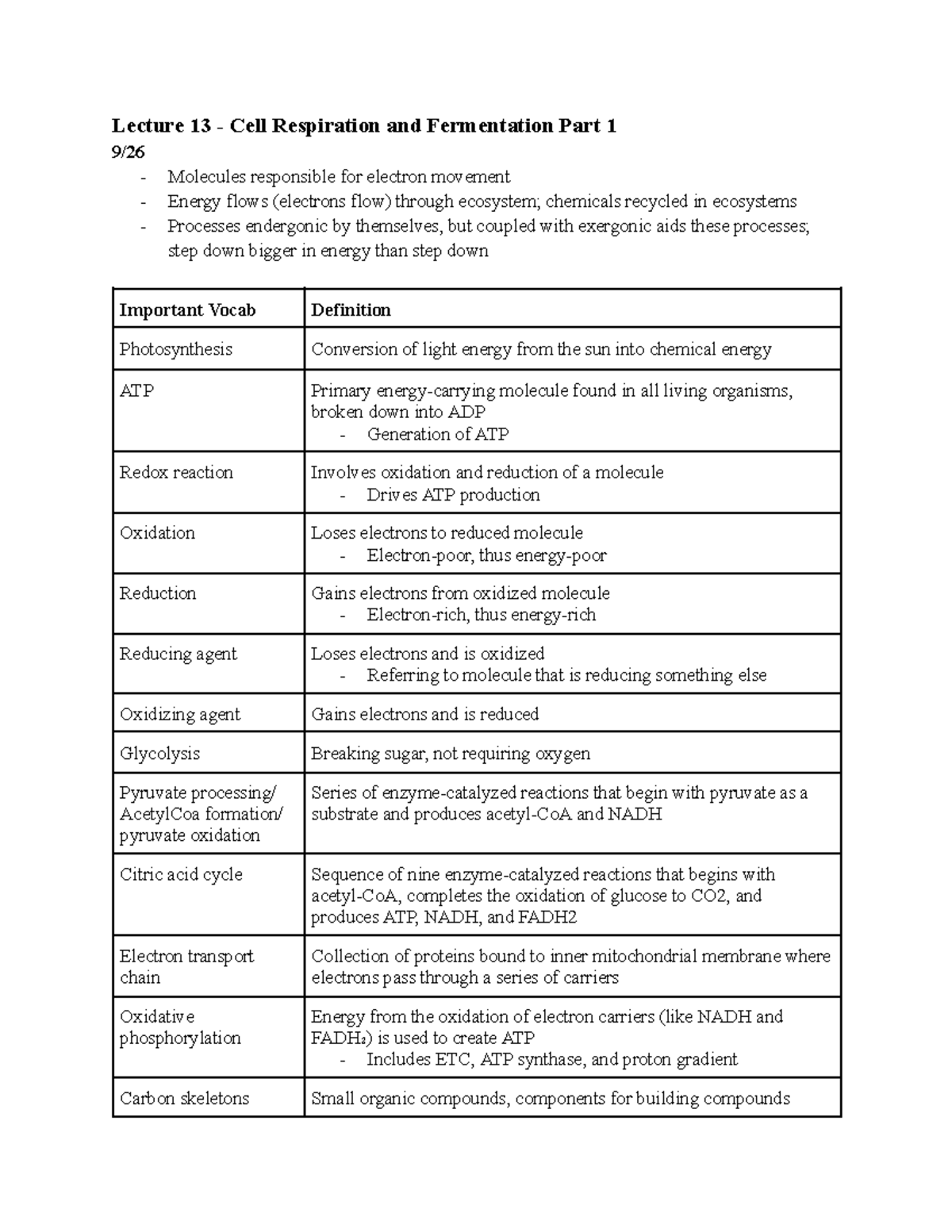 Lecture 13: Cell Respiration & Fermentation - Key Concepts and Vocab - Studocu