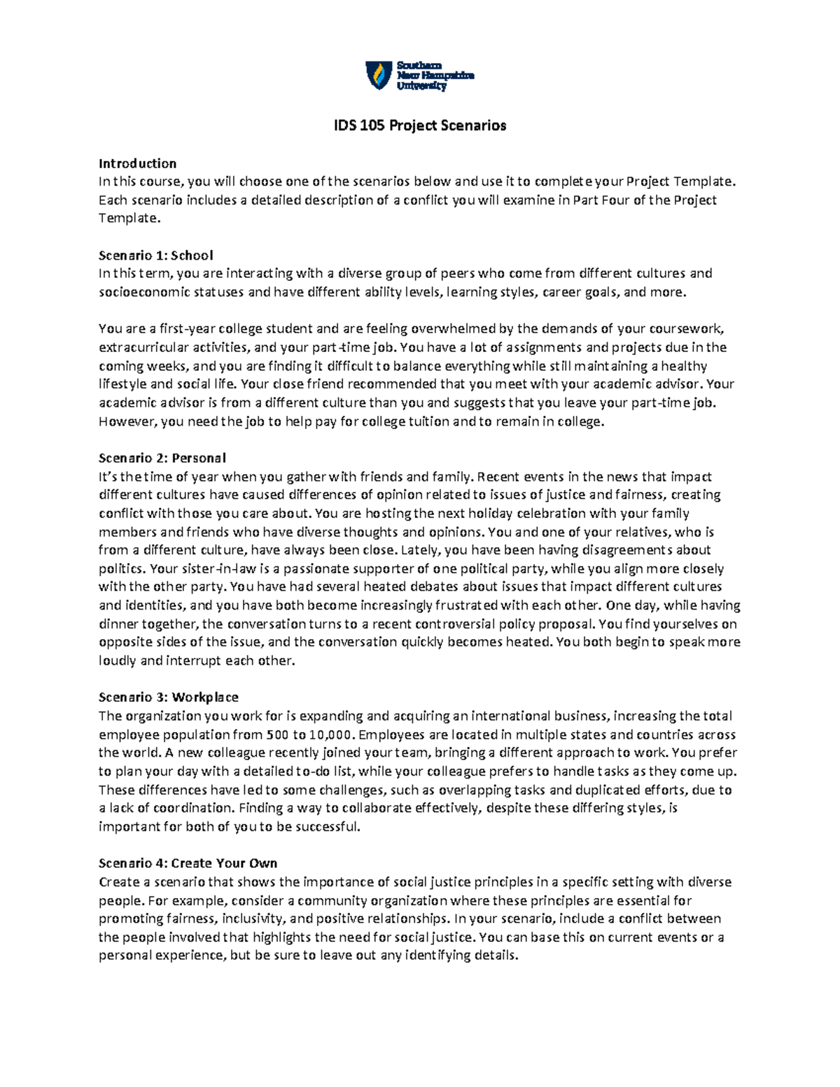 IDS 105 Project Scenarios: Exploring Conflicts in Diverse Settings ...