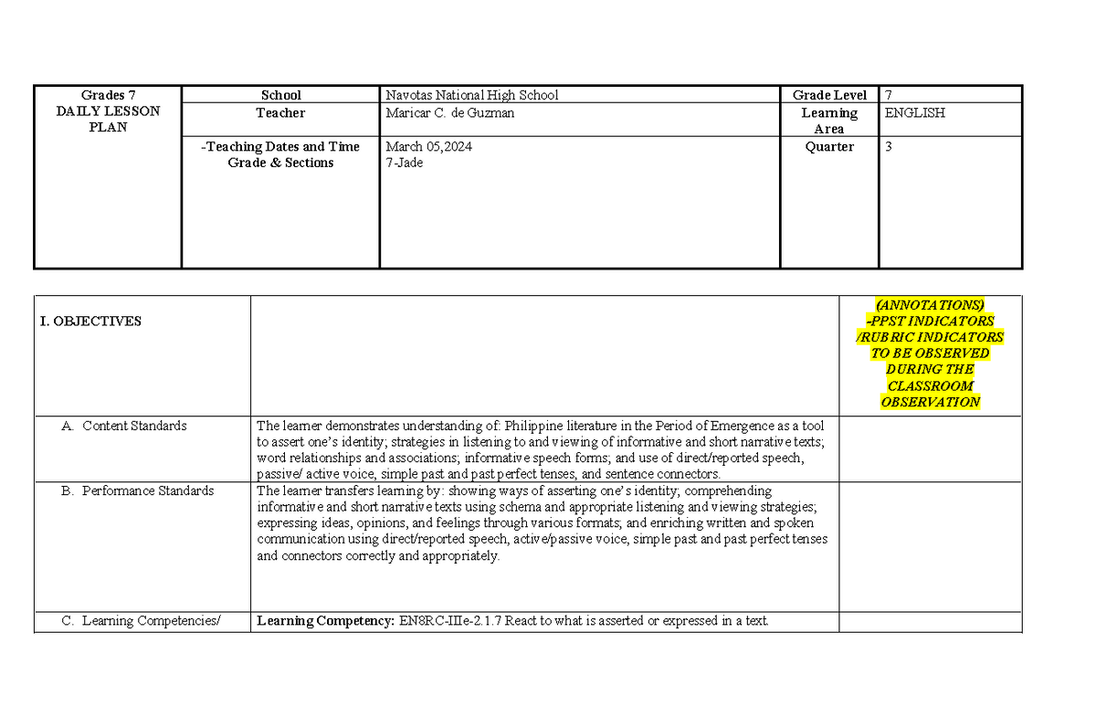 Deguzman COT3 DLP - Lesson Plan in English 7 - Grades 7 DAILY LESSON ...