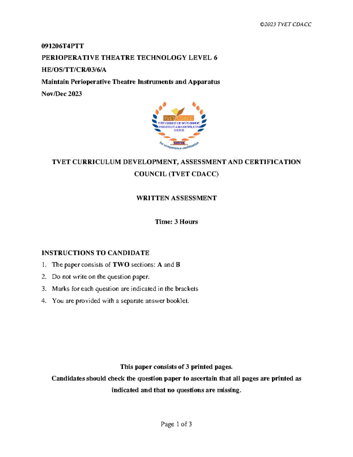 TVET CDACC 091206T4PTT Level 6 Perioperative Theatre Instruments Guide ...