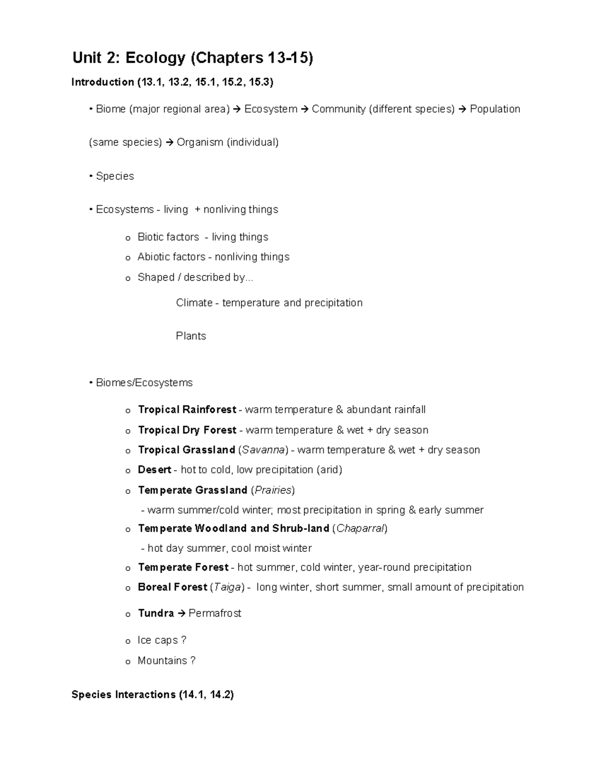 Biology Unit 2 notes - Unit 2: Ecology (Chapters 13-15) Introduction ...