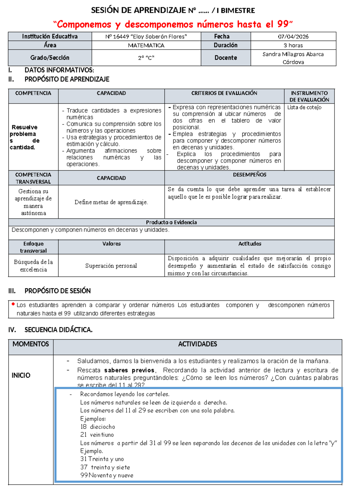 MAT 16449: Composición y Descomposición de Números hasta 99 - Studocu