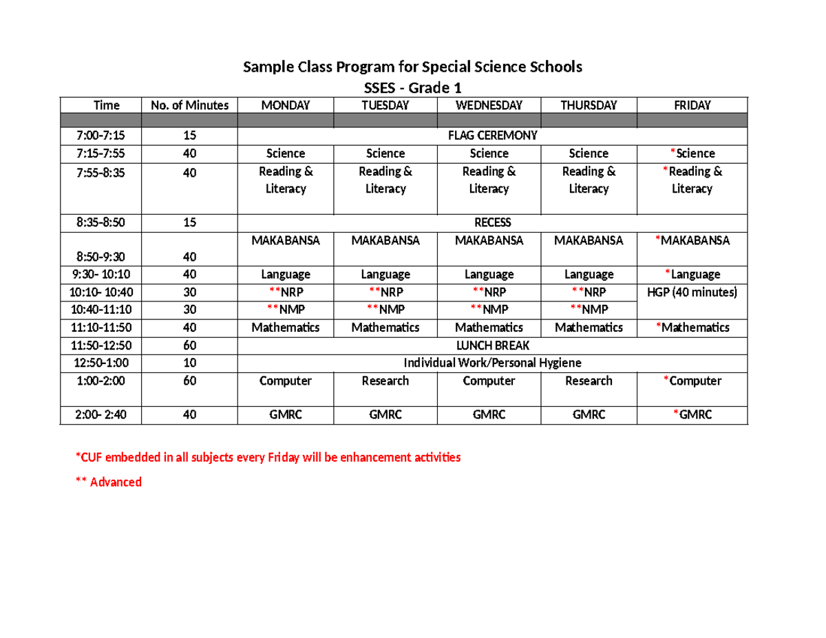 Corrected Sample Class Program for SSES Grades 1-10 as of 7/27/2024 ...