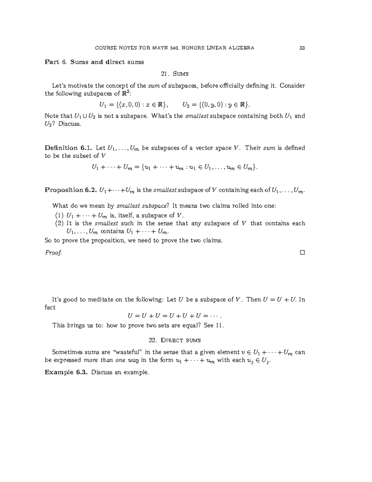 MATH 540: Honors Linear Algebra Course Notes - Sums & Direct Sums - Studocu