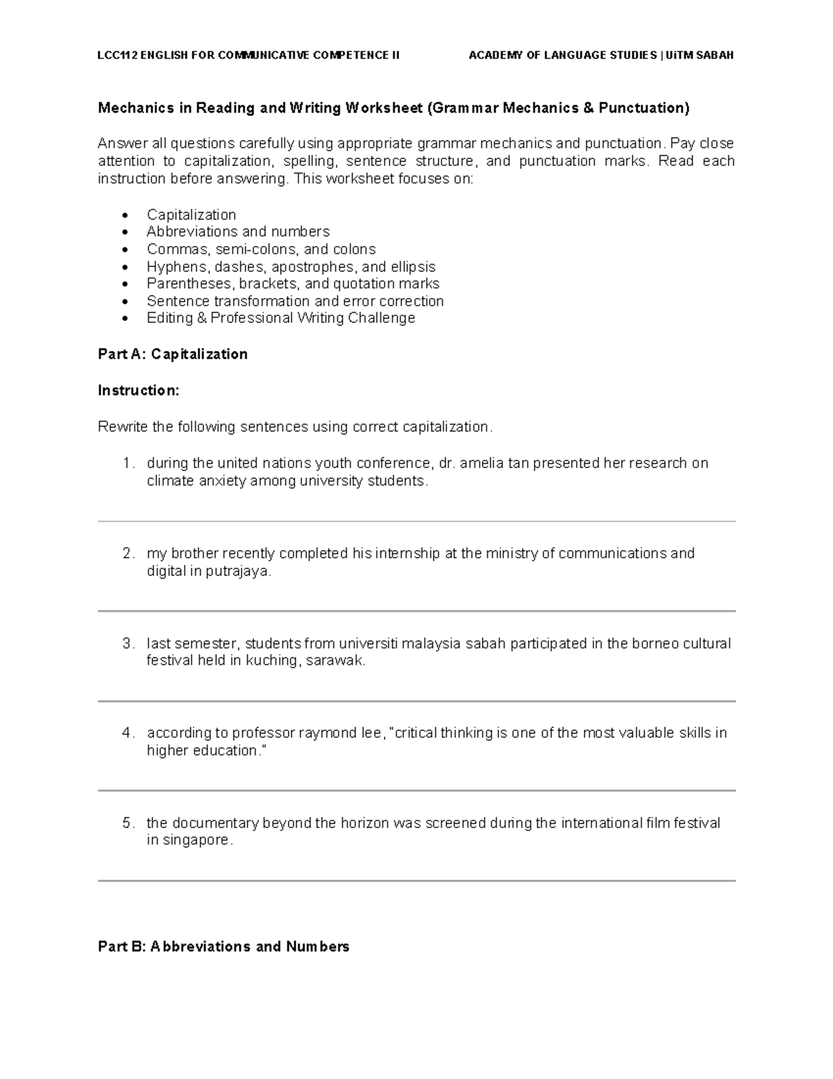 LCC112 Mechanics in Reading and Writing Worksheet - Studocu