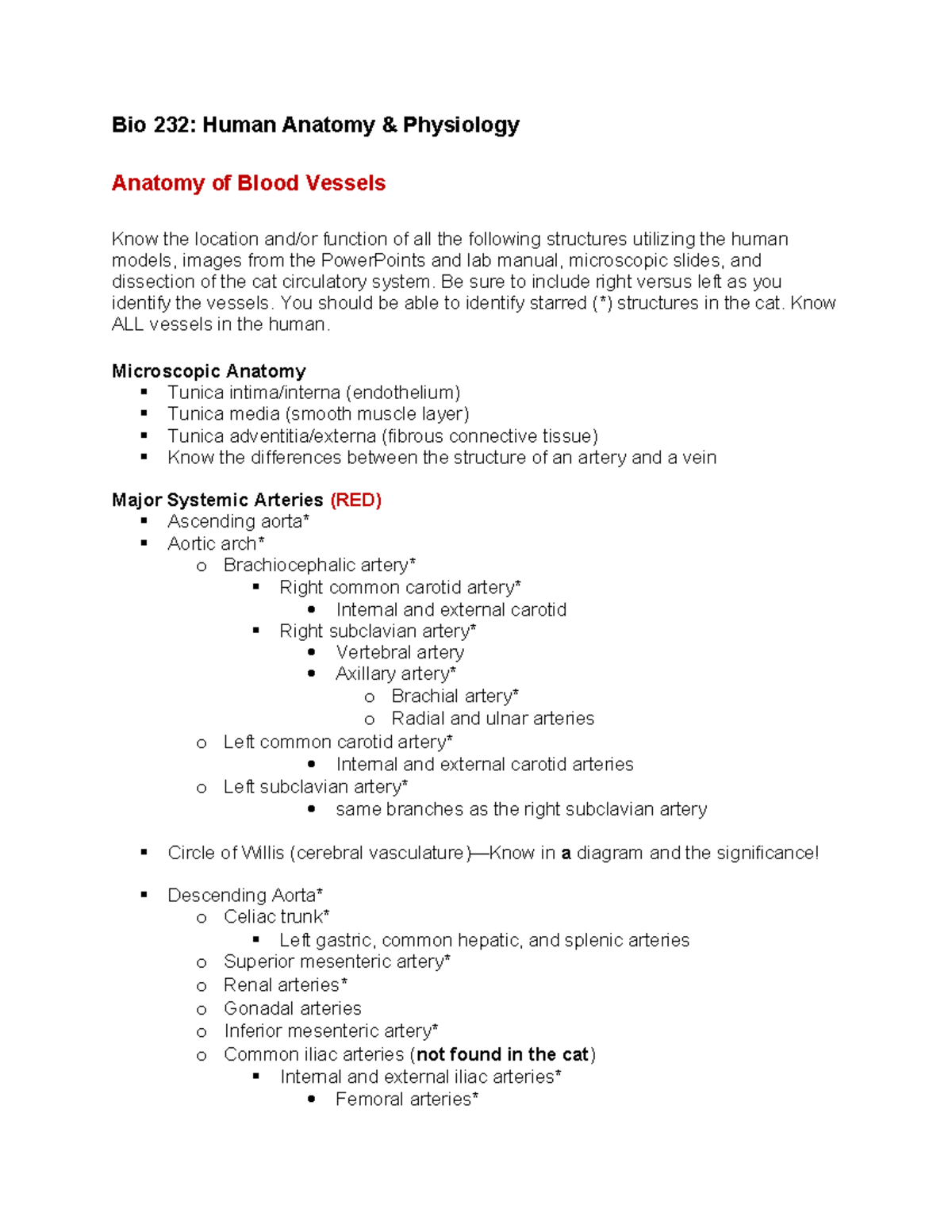 Bio 232: Lab Worksheet on Anatomy of Blood Vessels and Circulation ...