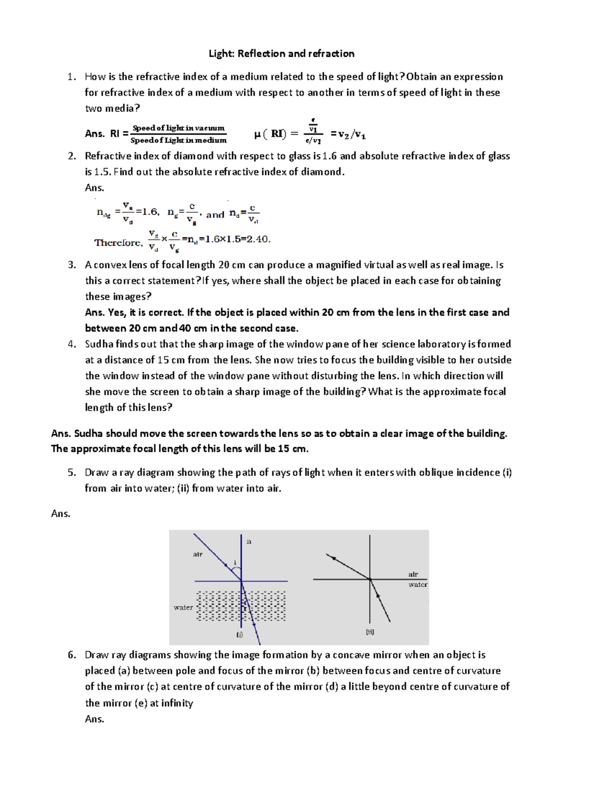 Light (1)-1: Reflection & Refraction Notes for Physics - Studocu
