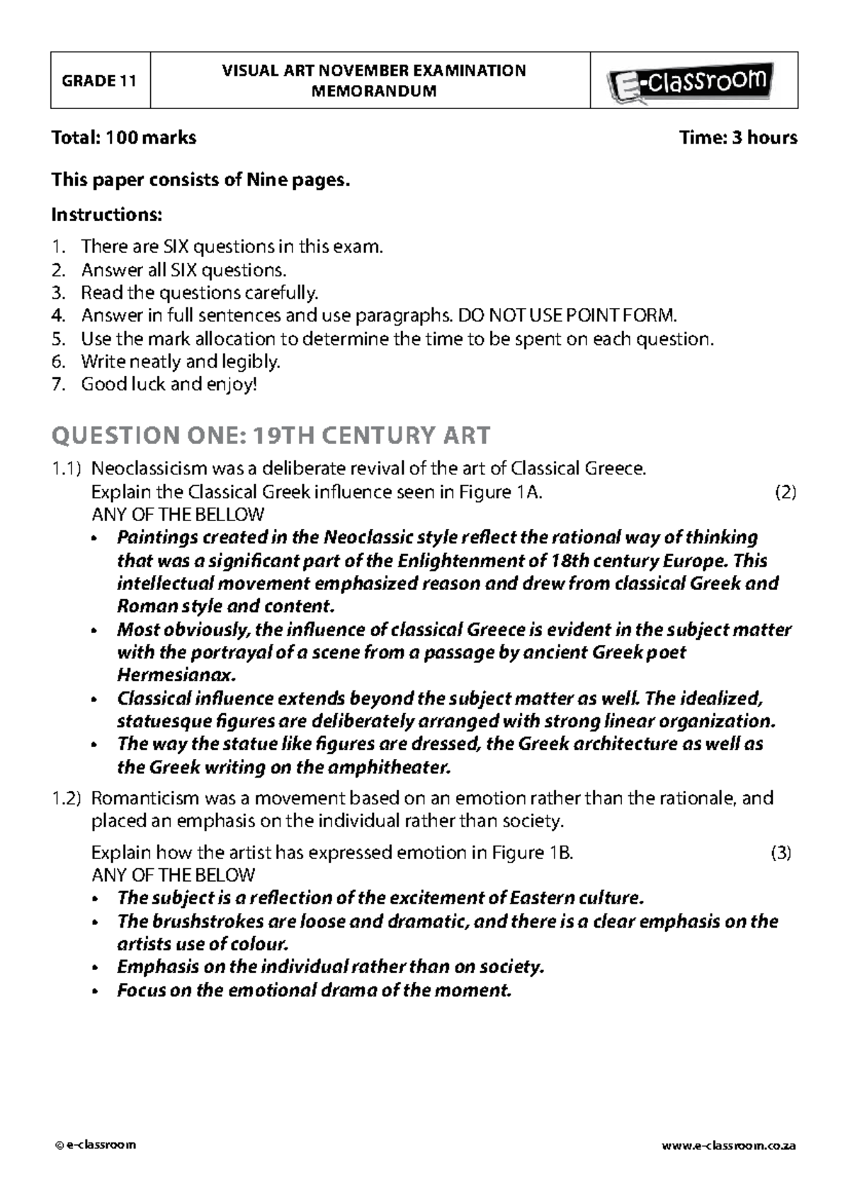 GRADE 11 VISUAL ART FINAL EXAMINATION MEMORANDUM - Studocu