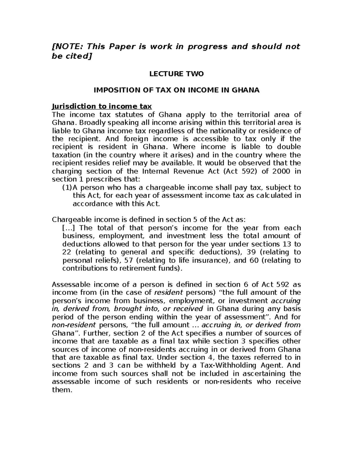 Taxation Chapter 2 - LECTURE ON INCOME TAX IMPOSITION IN GHANA - Studocu