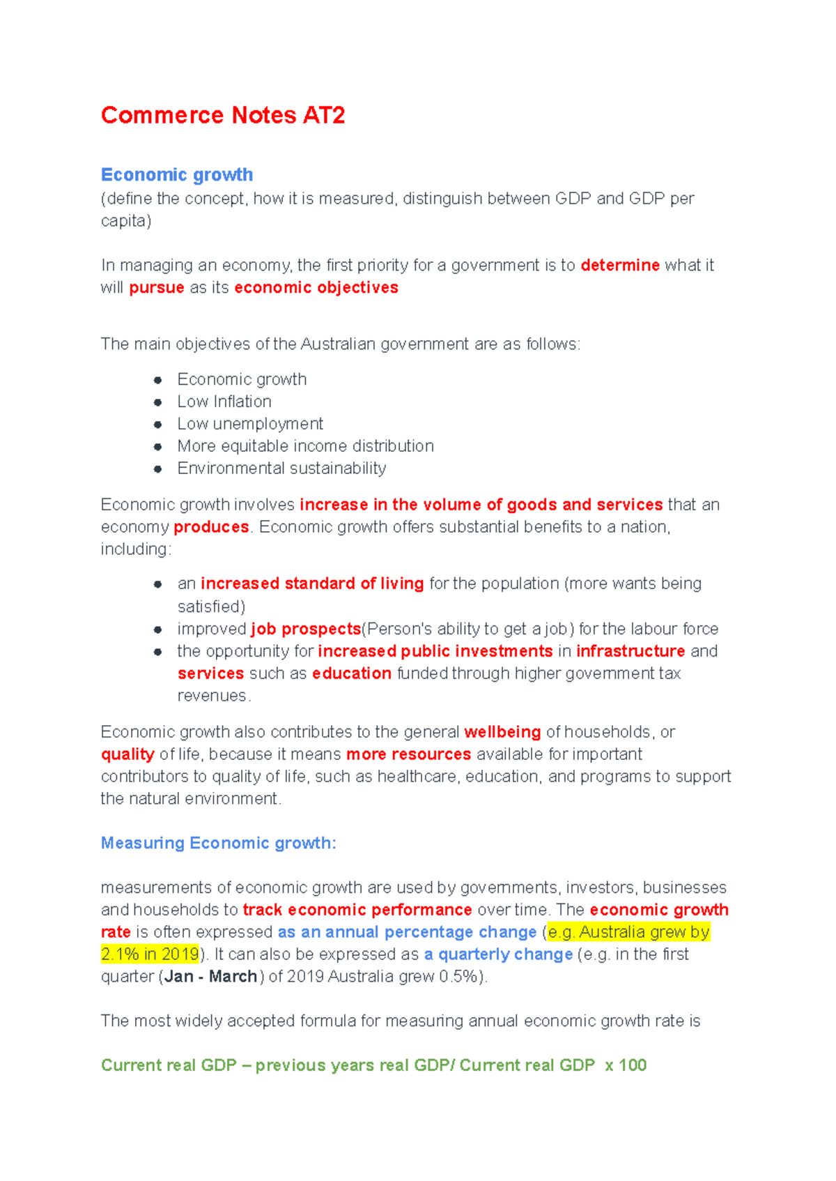Commerce Year 10 AT2[84] - Economic Growth and Inflation Study Notes ...