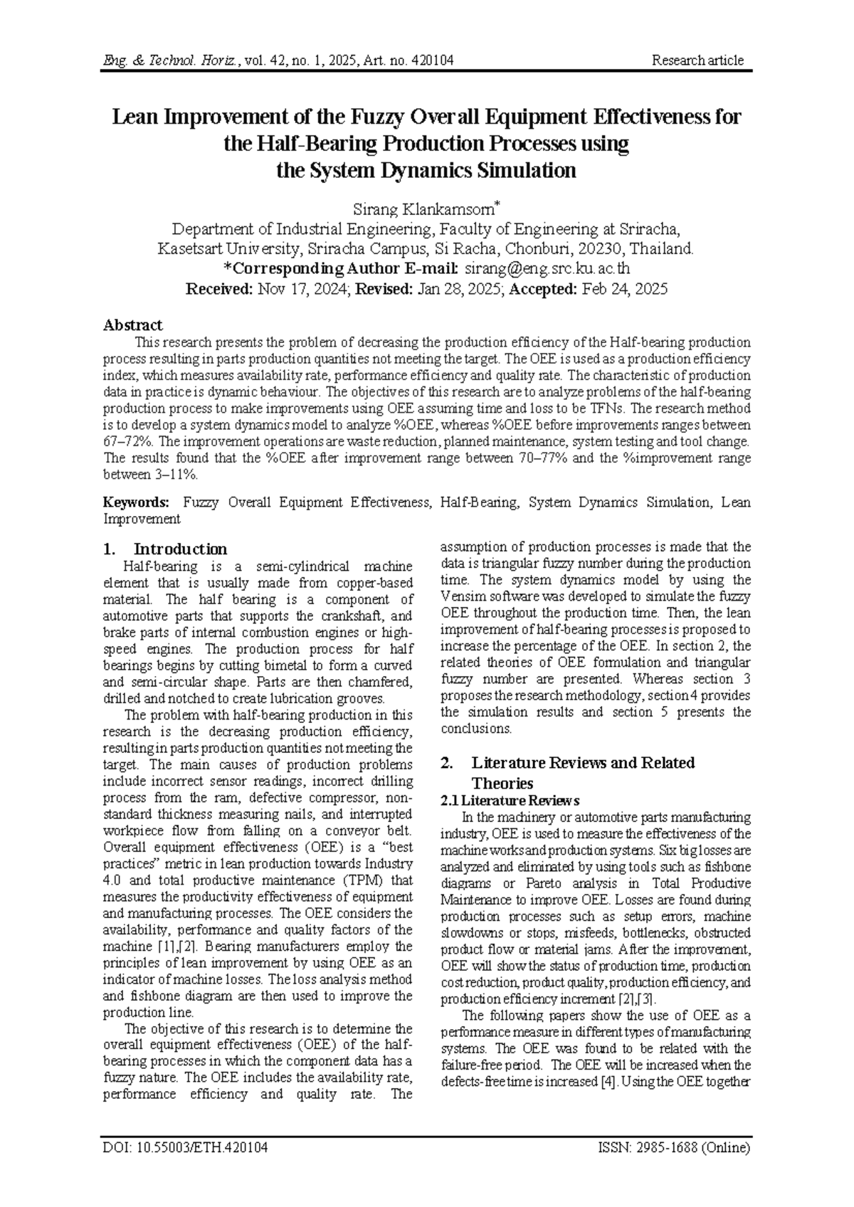 Lean Improvement of Fuzzy OEE in Production Processes - Eng. Technol ...