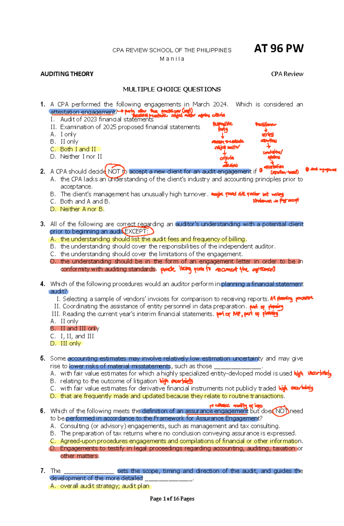 CPA REVIEW: AUDITING THEORY MULTIPLE CHOICE QUESTIONS (AP 96 PW) - Studocu