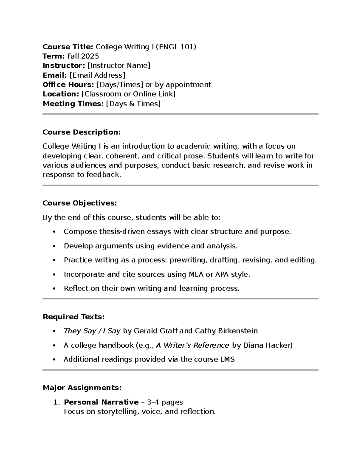 ENGL 101 Syllabus: College Writing I Overview & Major Assignments - Studocu