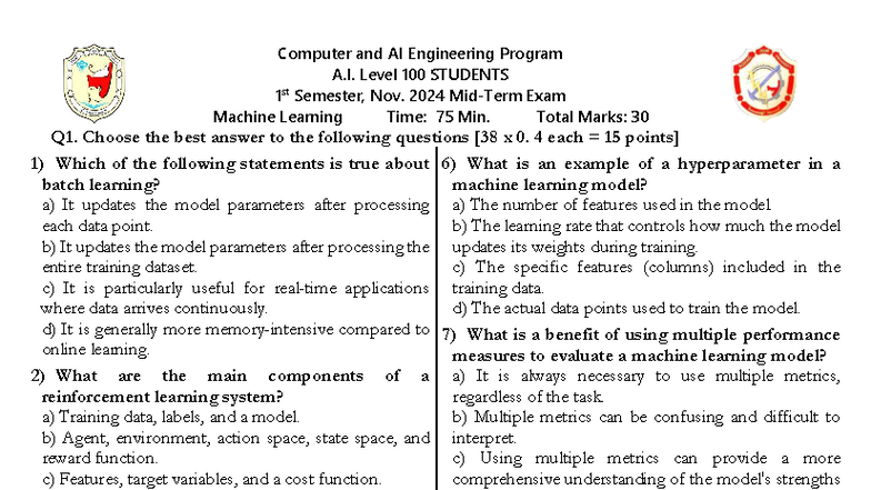 ML 2025 1 Midterm Exam: Machine Learning Concepts and Questions - Studocu