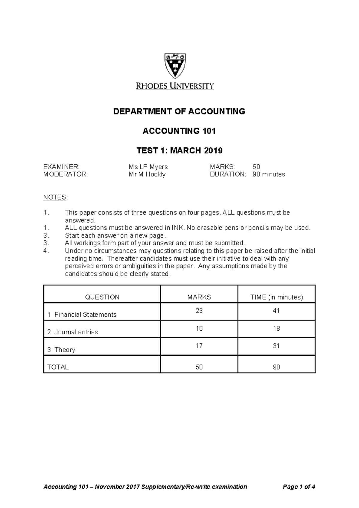 Accounting 101 Test 1: March 2019 Exam Details and Questions - Studocu