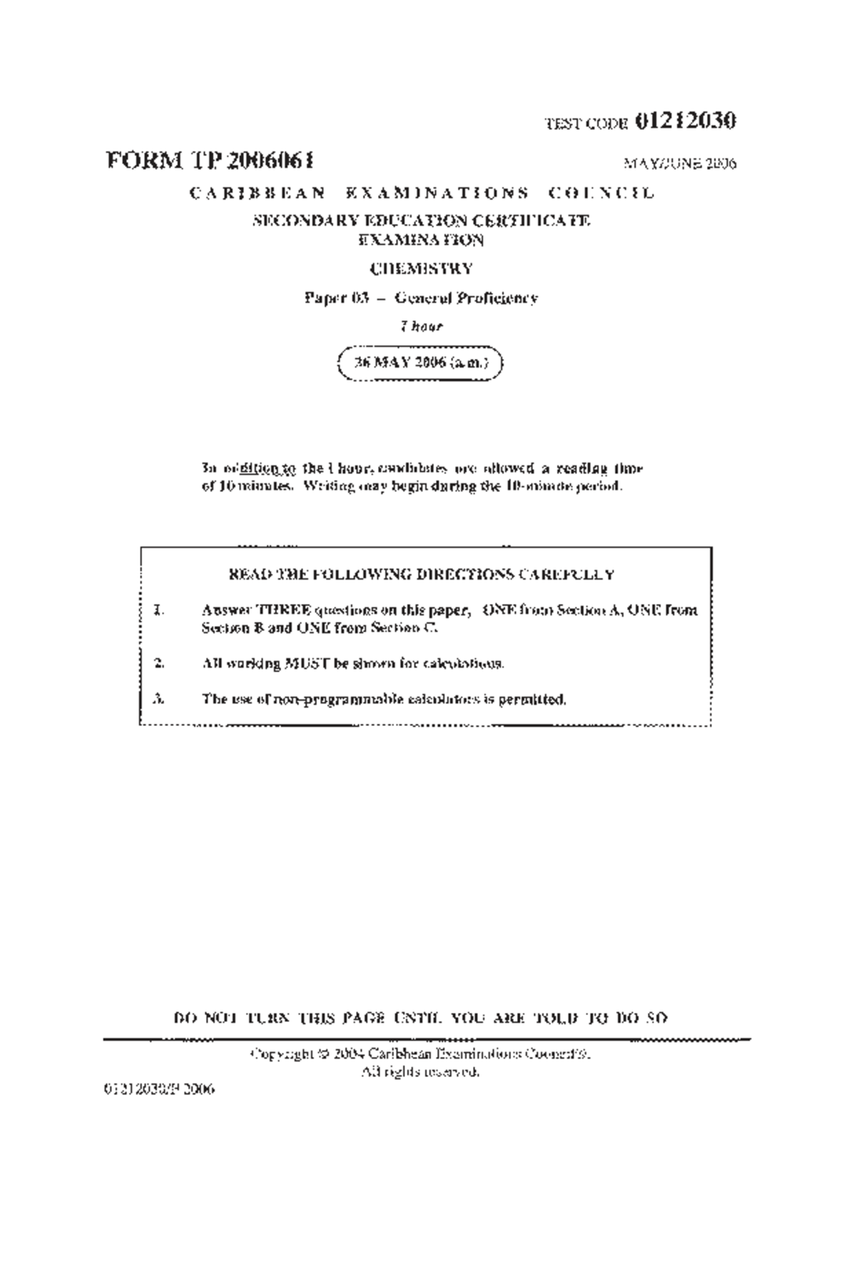 CSEC Chemistry Paper 3 2006 Exam Questions and Guidelines - Studocu