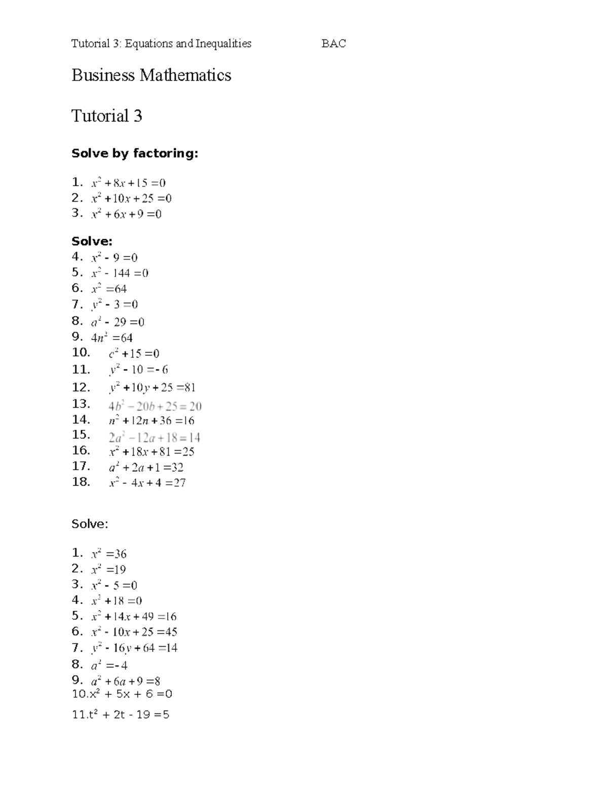 BAC Business Math Tutorial 3: Equations and Inequalities Practice - Studocu
