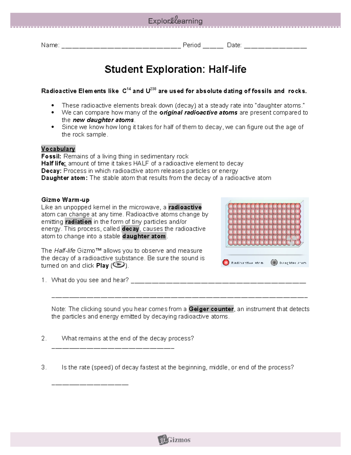 Half-life Gizmo Exploration Sheet for Science Class - Studocu