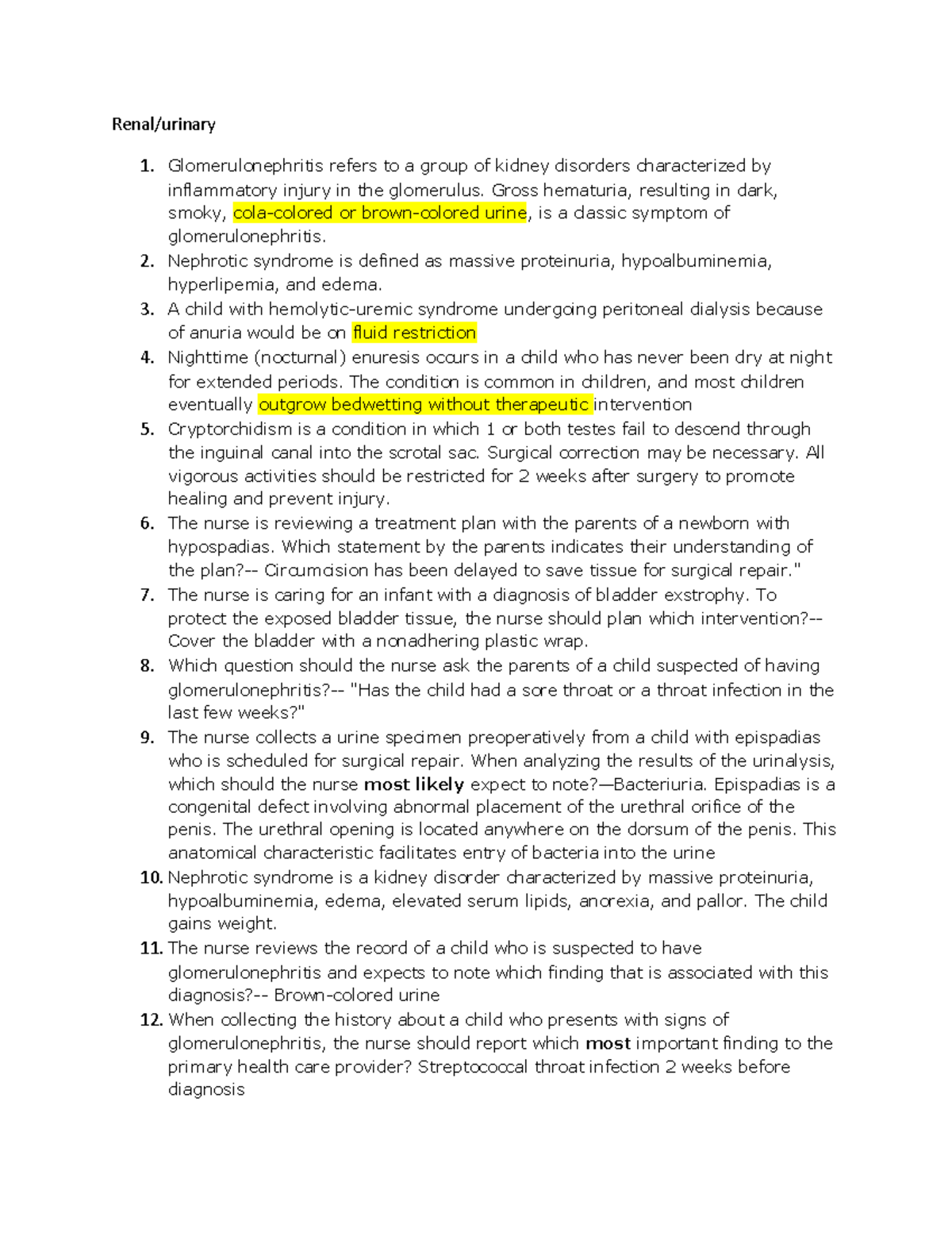 Renal:urinary saunders - Renal/urinary 1. Glomerulonephritis refers to ...