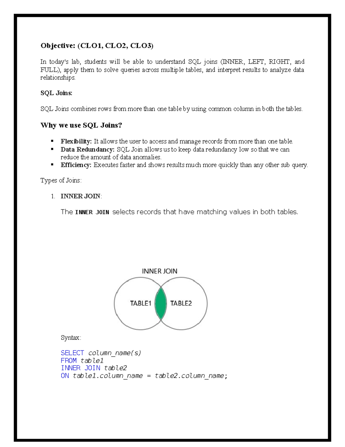 SQL Joins Lab Guide: Understanding INNER, LEFT, RIGHT, FULL (CLO1, CLO2, CLO3) - Studocu
