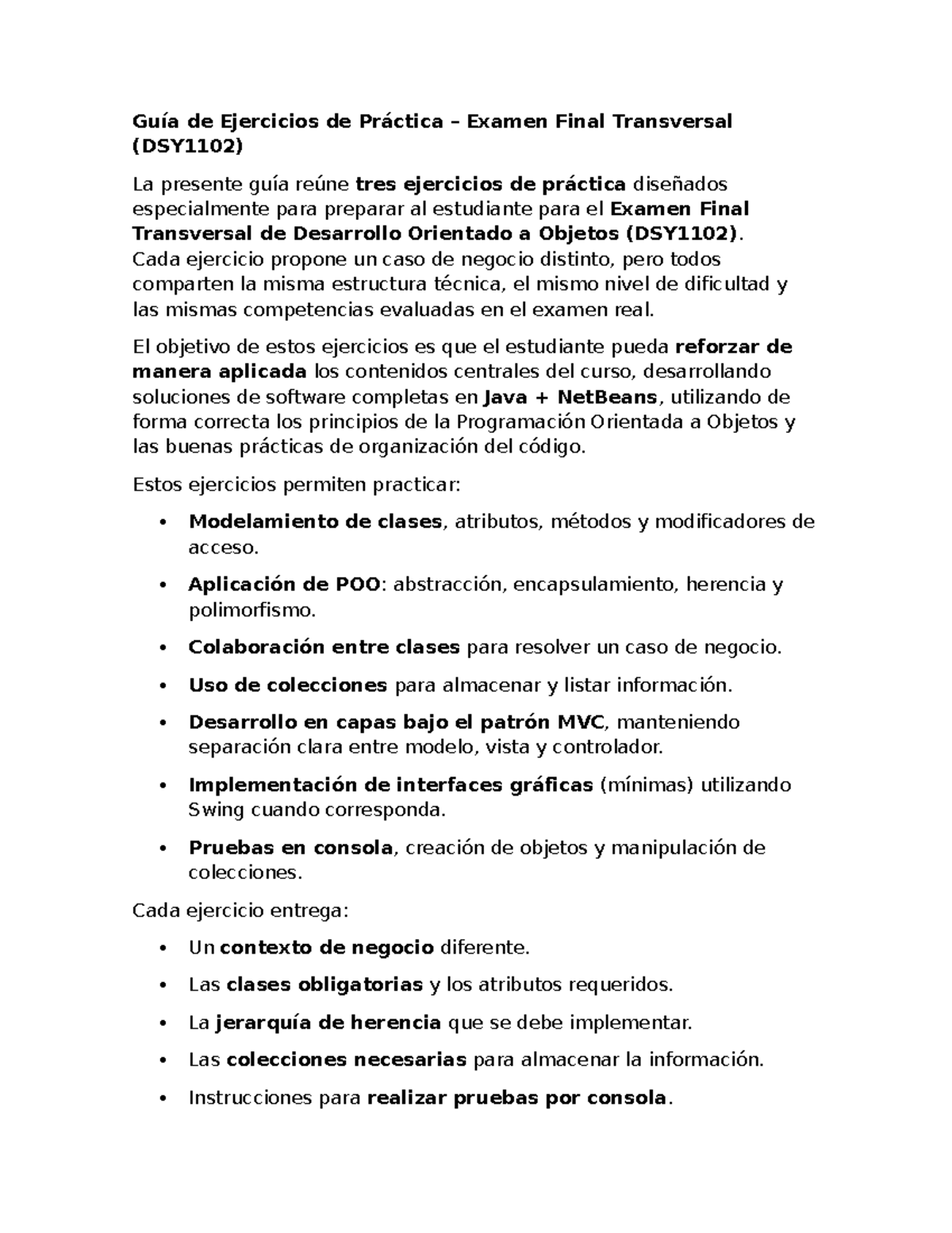 Guía de Ejercicios de Práctica para Examen Final Transversal (DSY1102 ...