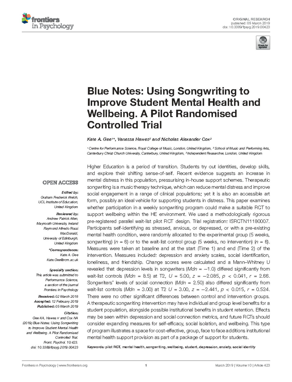 Songwriting for Student Wellbeing: A Pilot RCT Study (FPSY-10-423 ...