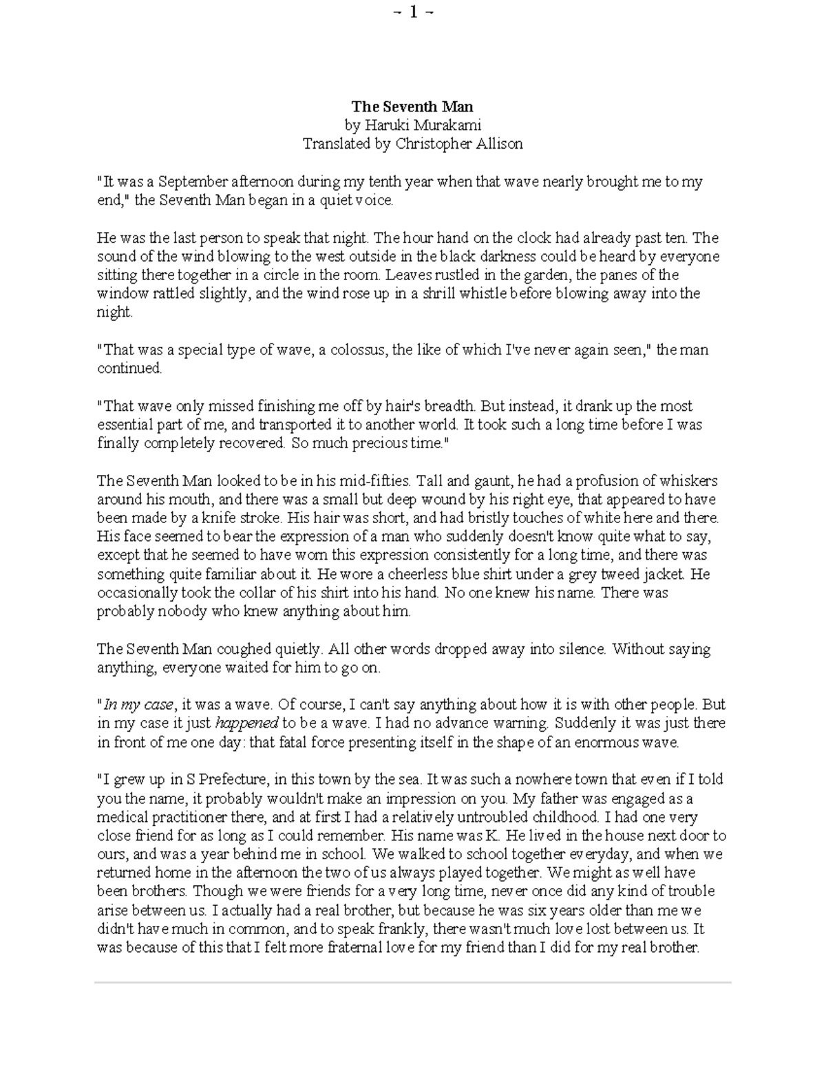 The Seventh Man: A Reflection on Fear and Loss in Haruki Murakami's Work - Studocu